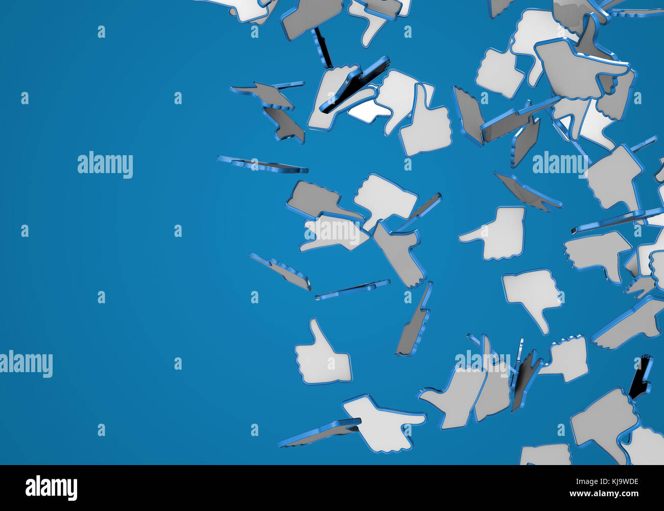 Thumbs up icons falling on a blue background Stock Photo - Alamy
