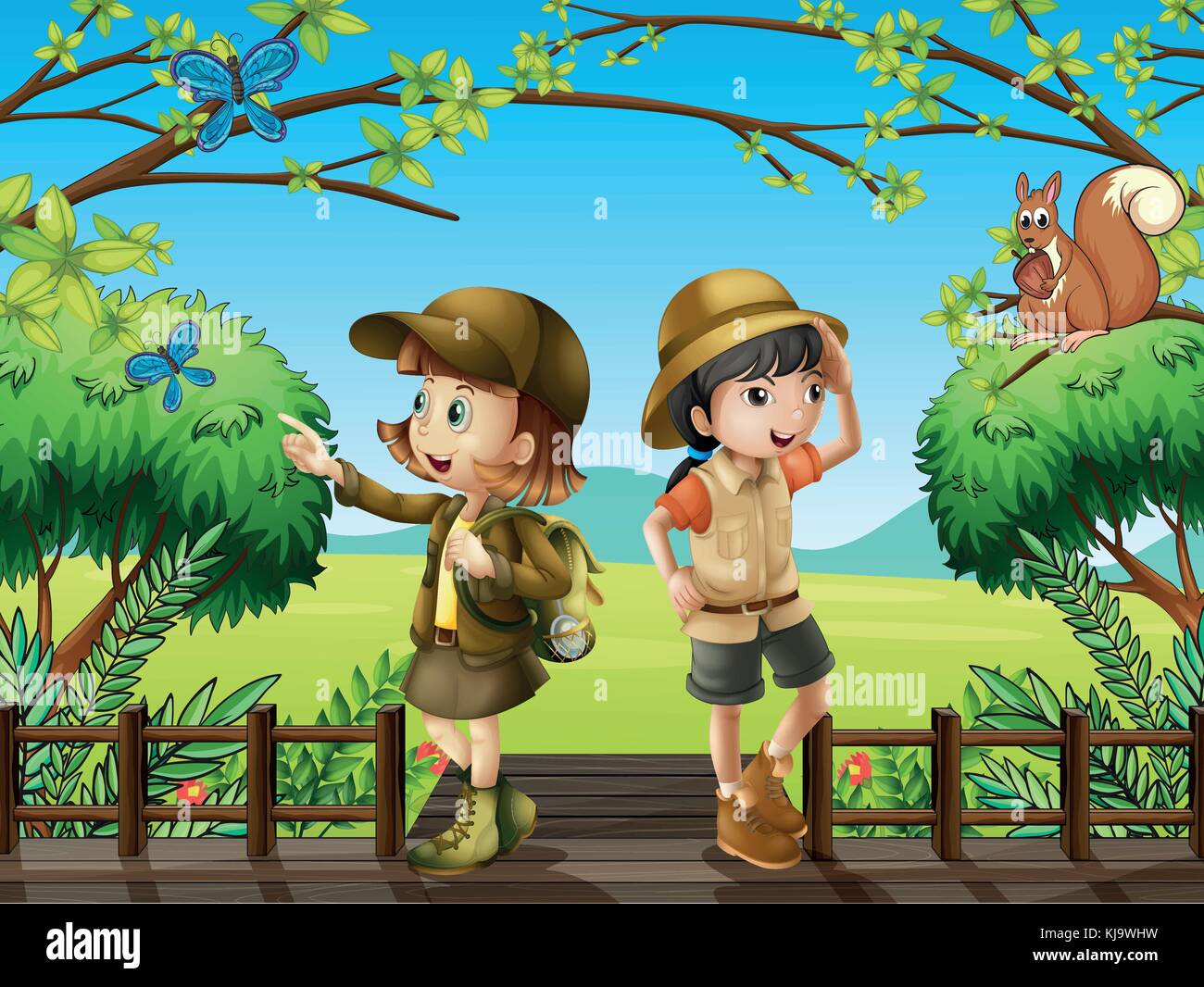 Illustration of a girl and a boy at the wooden bridge Stock Vector ...