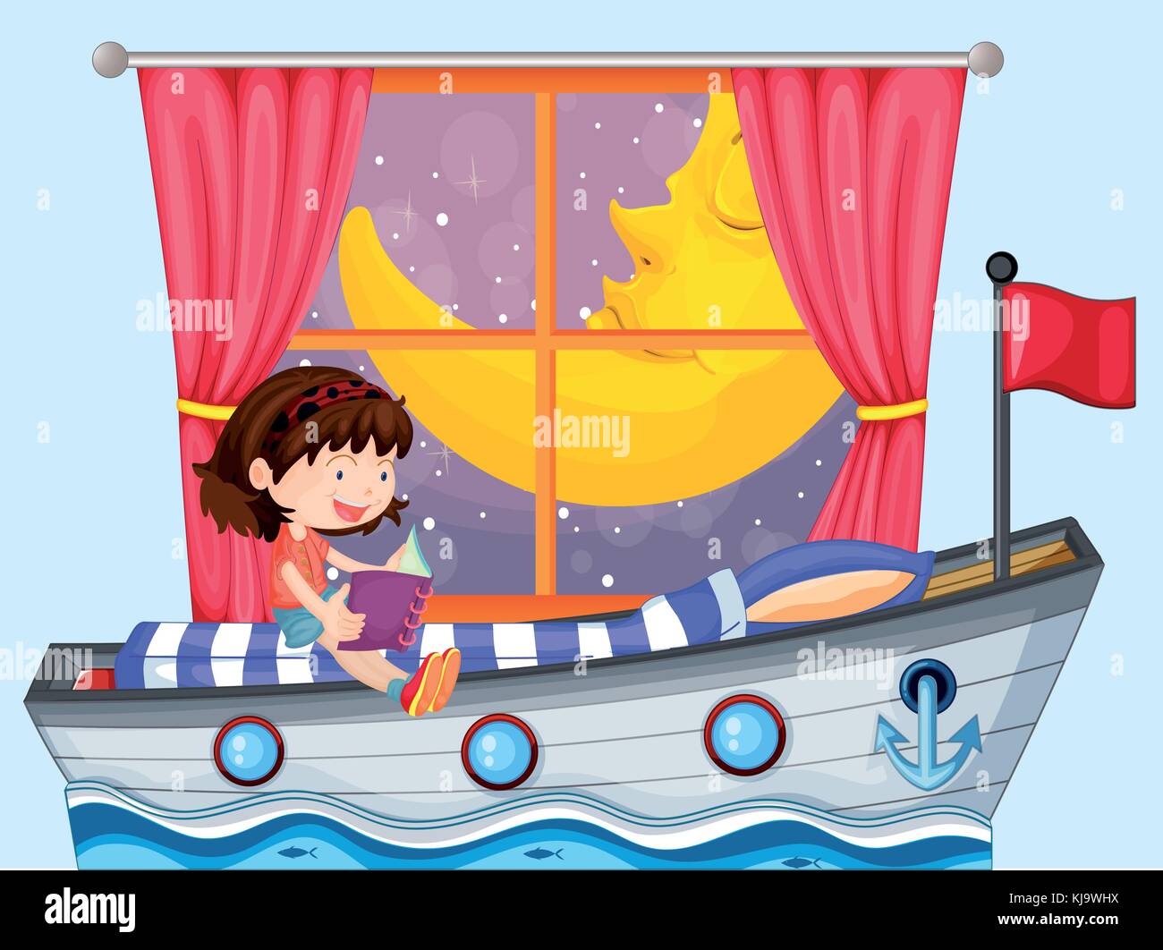 Illustration of a ship inside the house with a girl reading Stock ...