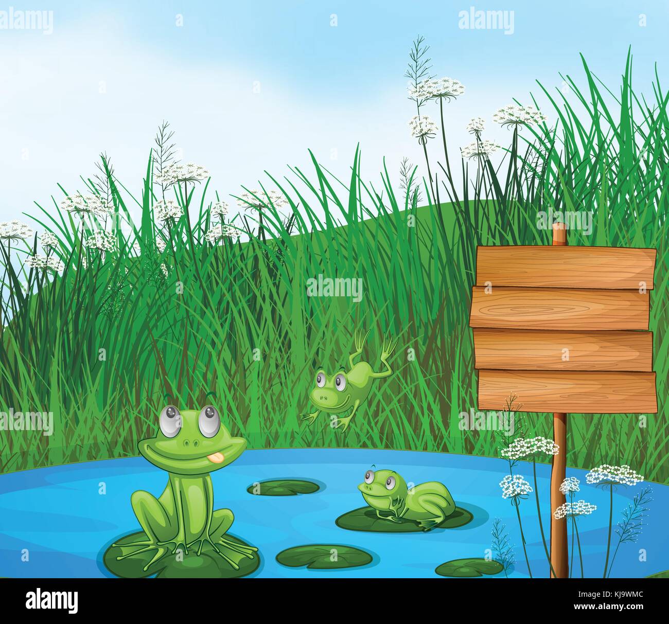 Illustration of the three playful frogs at the pond beside an empty ...