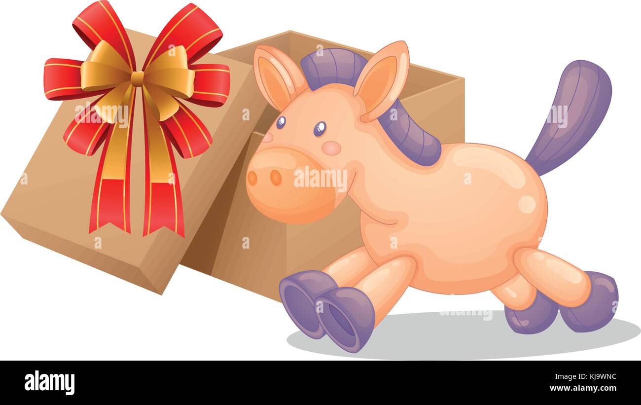 Illustration of a gift box beside a toy horse on a white background ...
