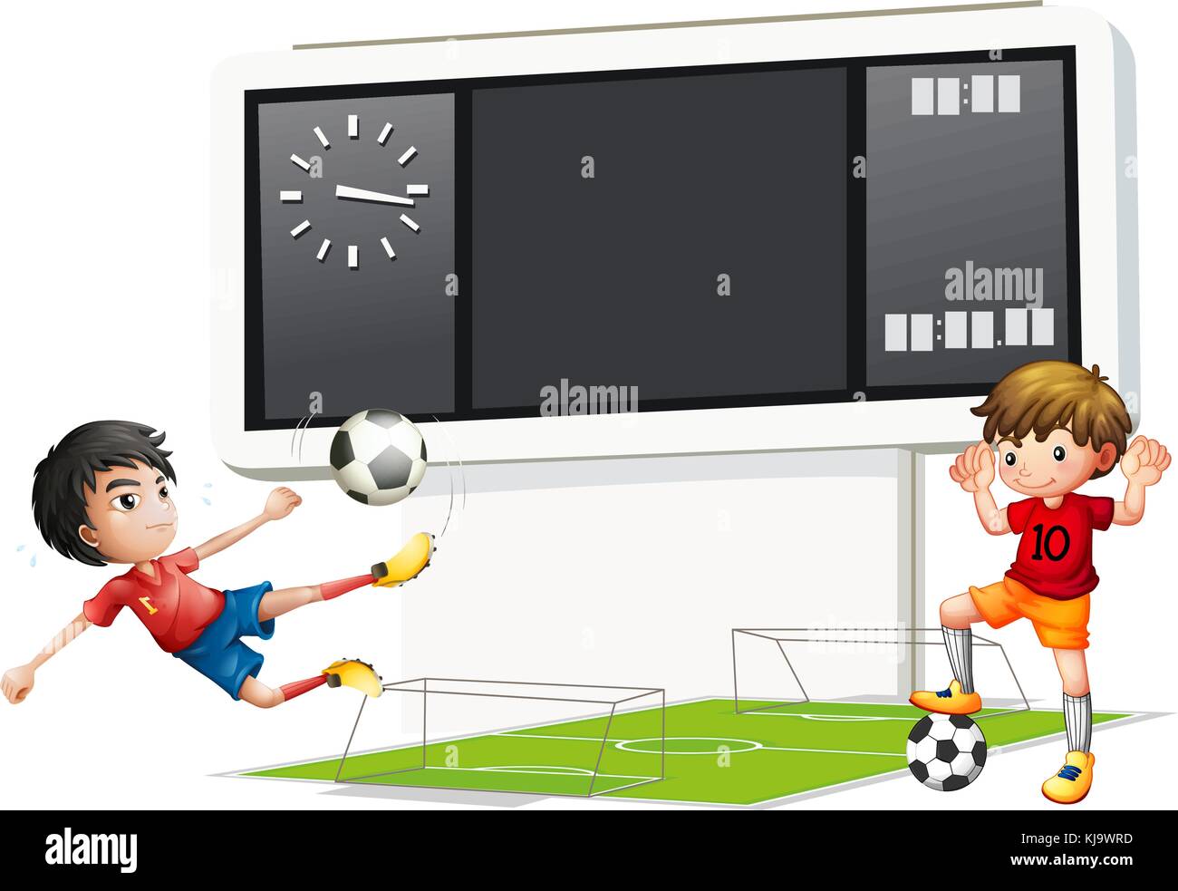 Illustration of the two boys playing soccer with a scoreboard on a ...