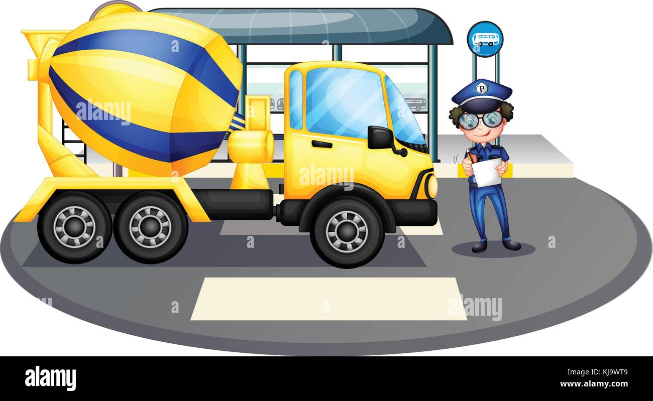 Illustration of a cement truck inspected by the policeman on a white ...
