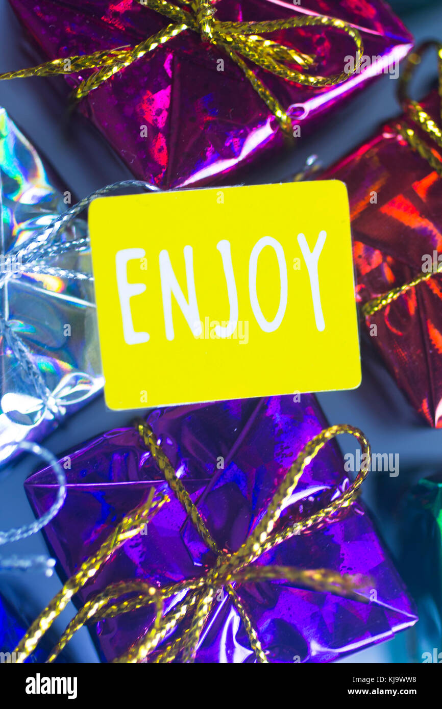 Christmas party celebration presents gift wrapped miniatures Enjoy tag ...