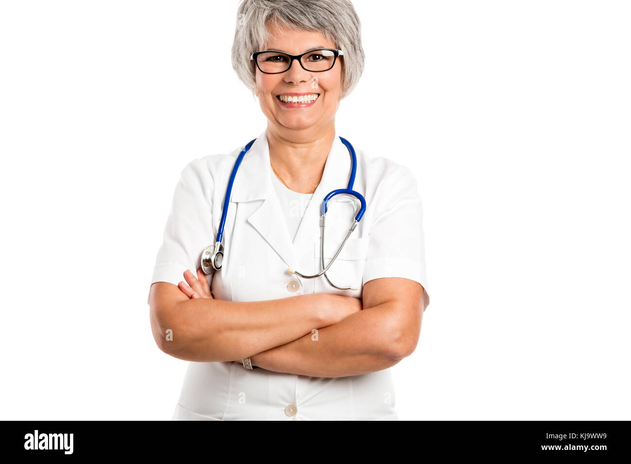 Happy old female doctor with hands folded, isolated on white Stock ...