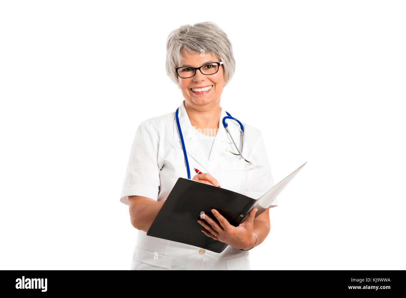 Happy old female doctor holding a folder, isolated on white Stock Photo ...