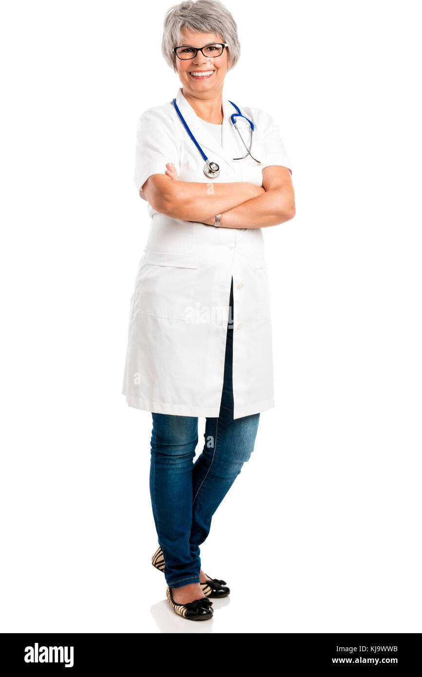 Happy old female doctor with hands folded, isolated on white Stock ...