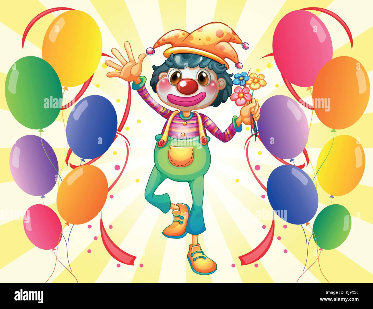 Illustration of a clown with flowers and balloons on a white background ...