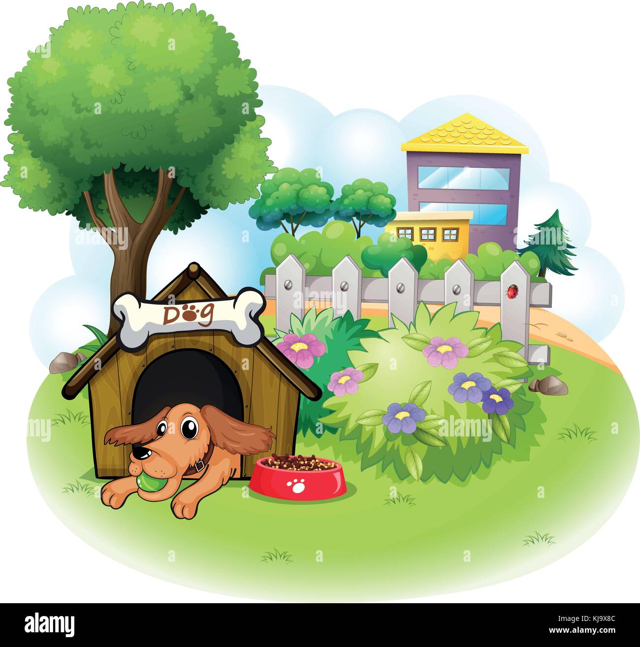 Illustration of a dog inside a doghouse across the big buildings on a ...