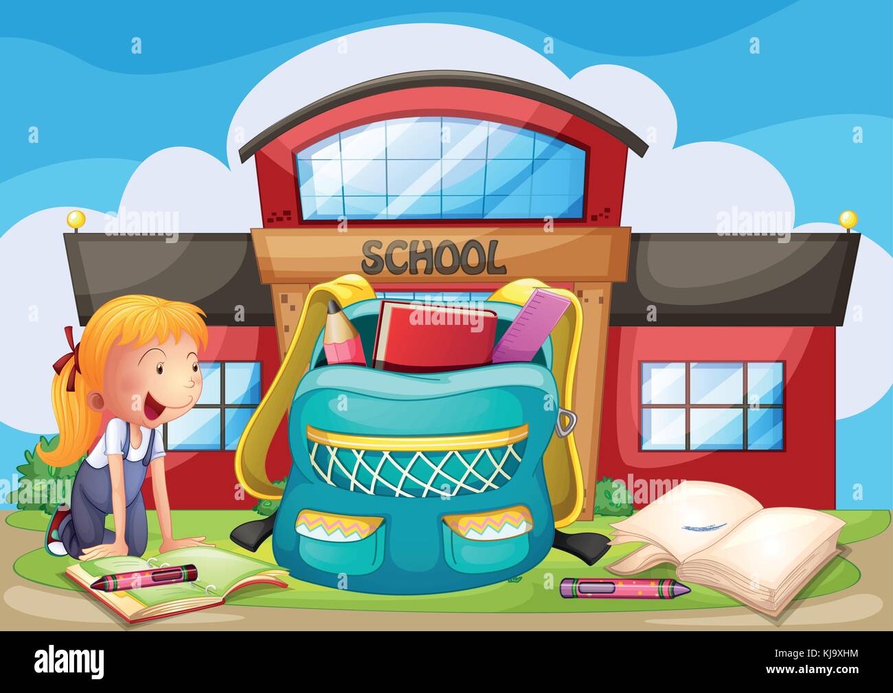 Illustration of a girl with her bag at the school ground Stock Vector ...
