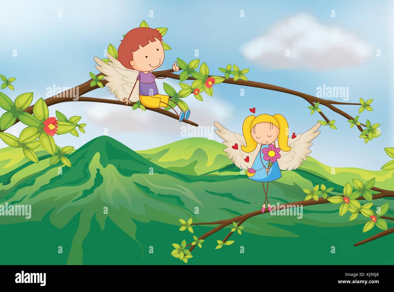 Illustration of angels at the branch of a tree Stock Vector Image & Art ...