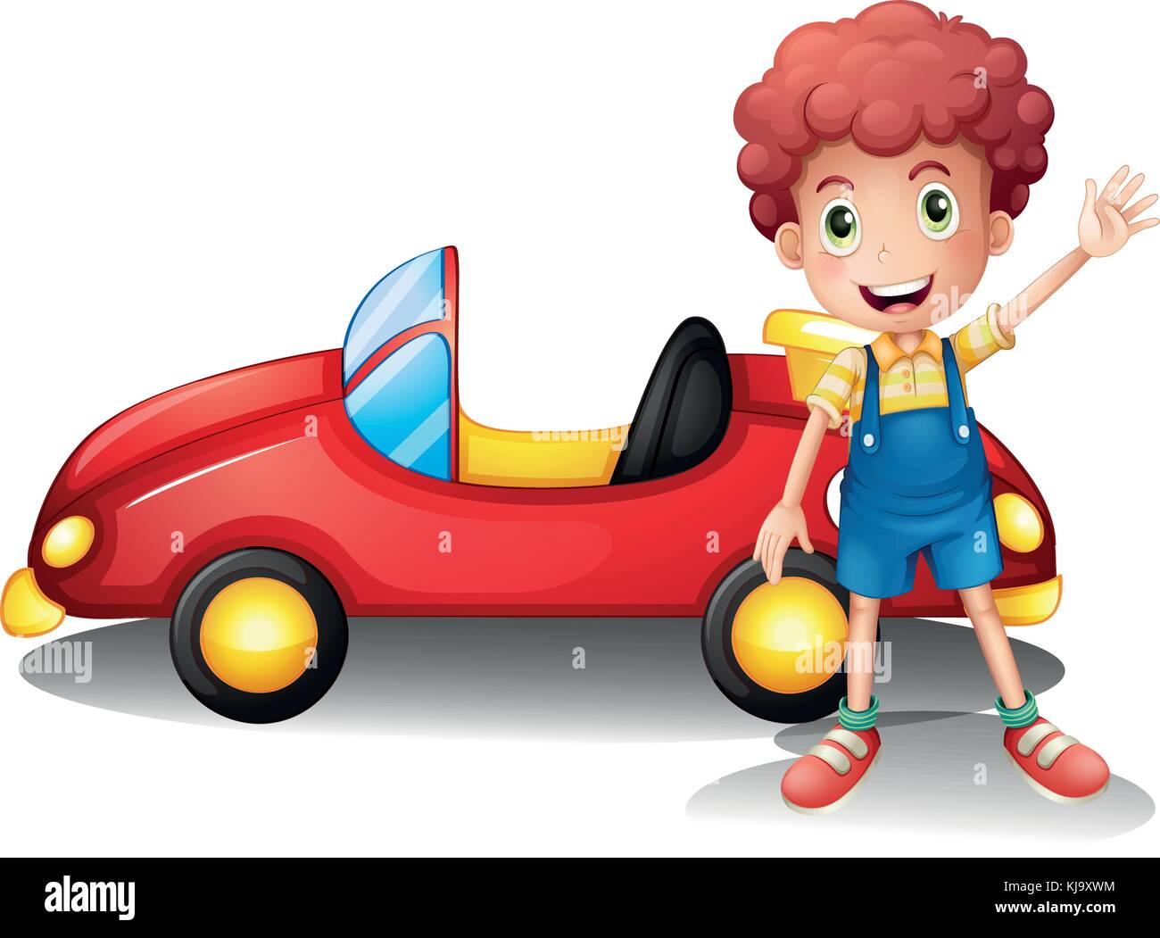 Illustration of a young boy in front of a red car on a white background ...
