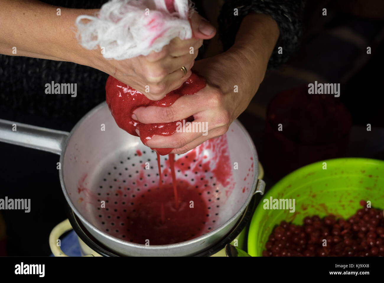 Female hands squeezing red berries using strainer and cloth, closeup ...
