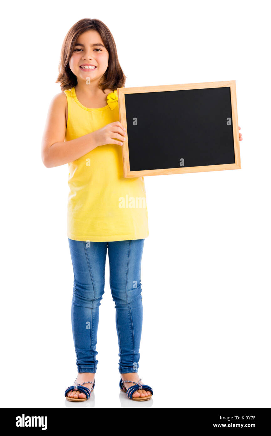 Young girl holding a chalkboard, isolated on white Stock Photo - Alamy