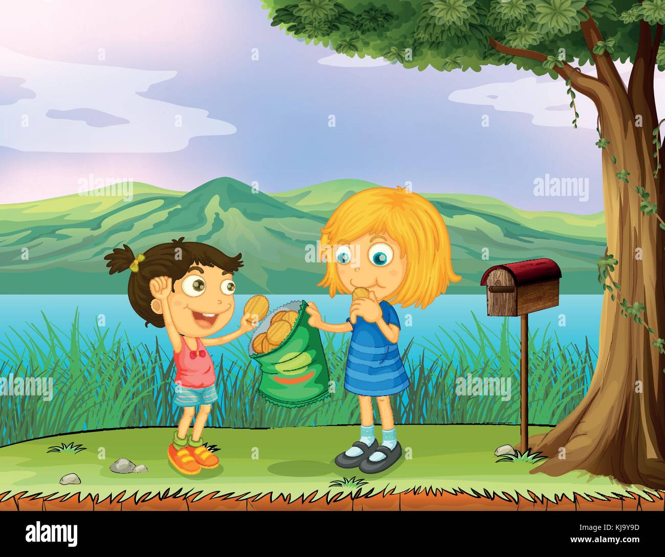 Illustration of a girl sharing her bread near a mailbox Stock Vector ...