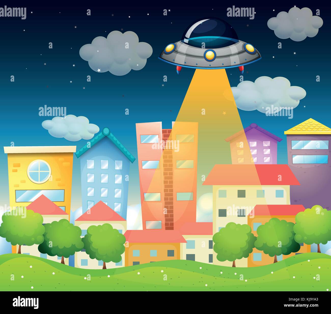 Illustration of a spaceship above the buildings Stock Vector Image ...