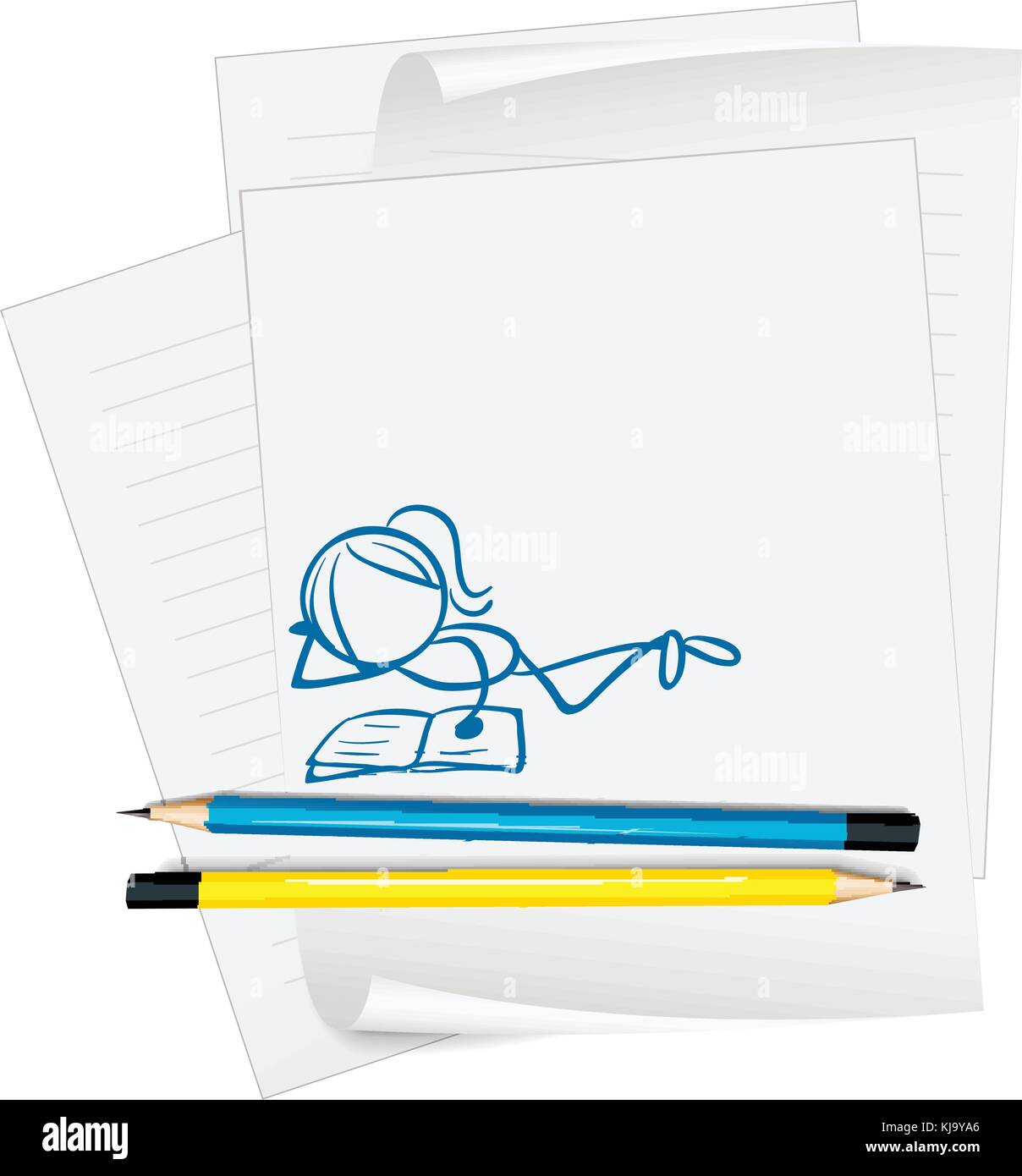 Illustration of a paper with a woman reading on a white background ...