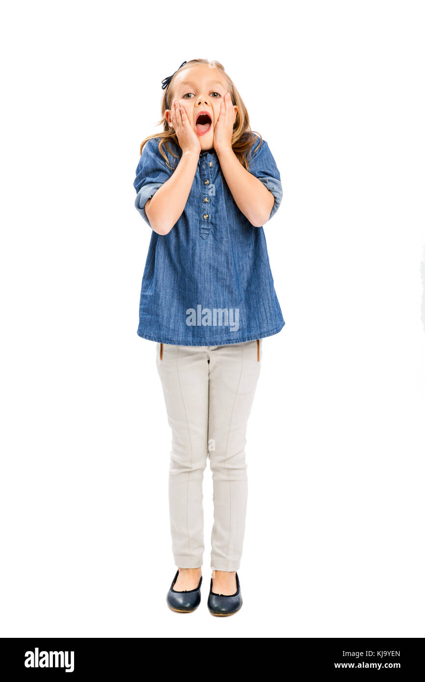 Studio portrait of a happy girl with a astonish expression Stock Photo ...