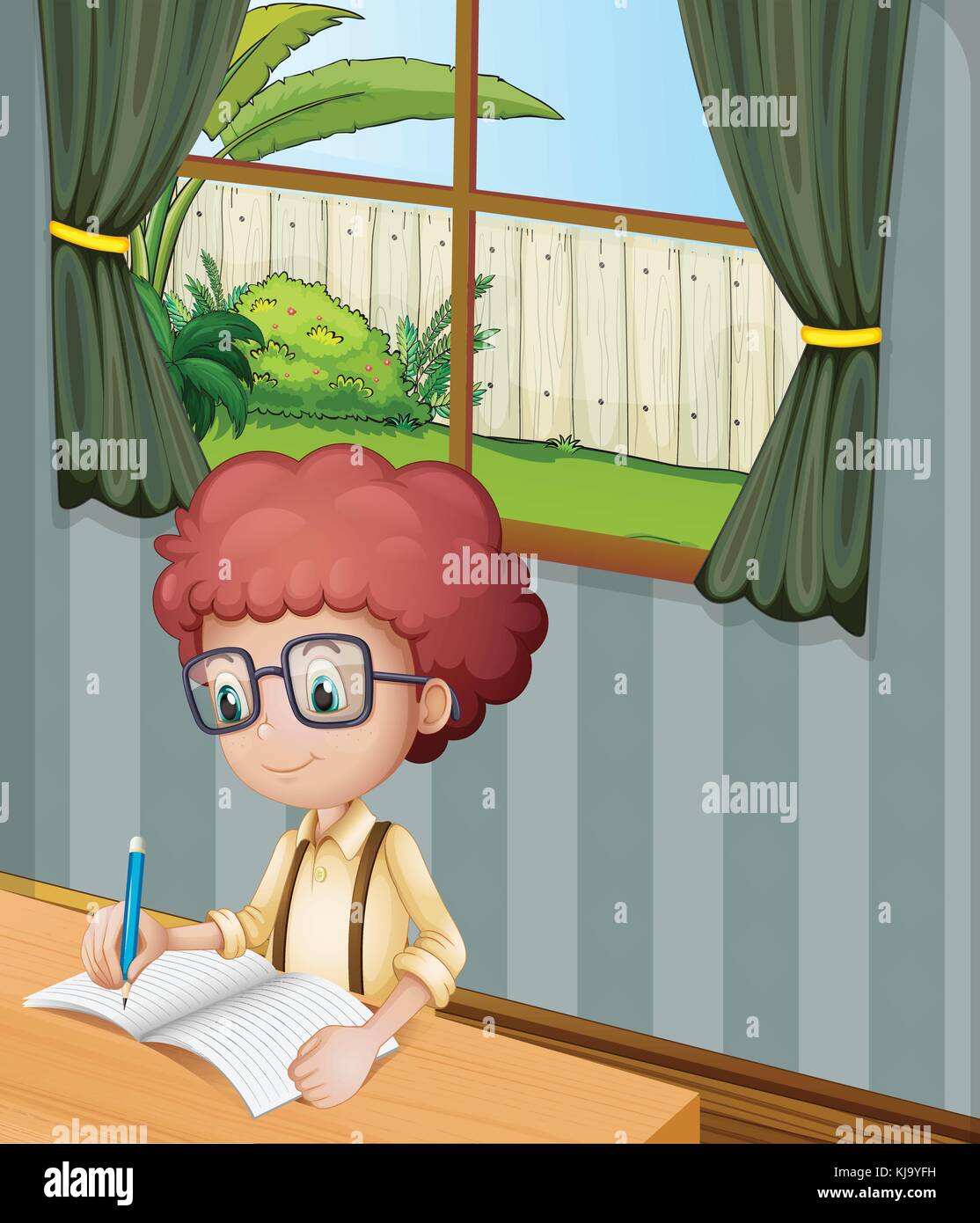 Illustration of a young boy writing inside the house Stock Vector Image ...