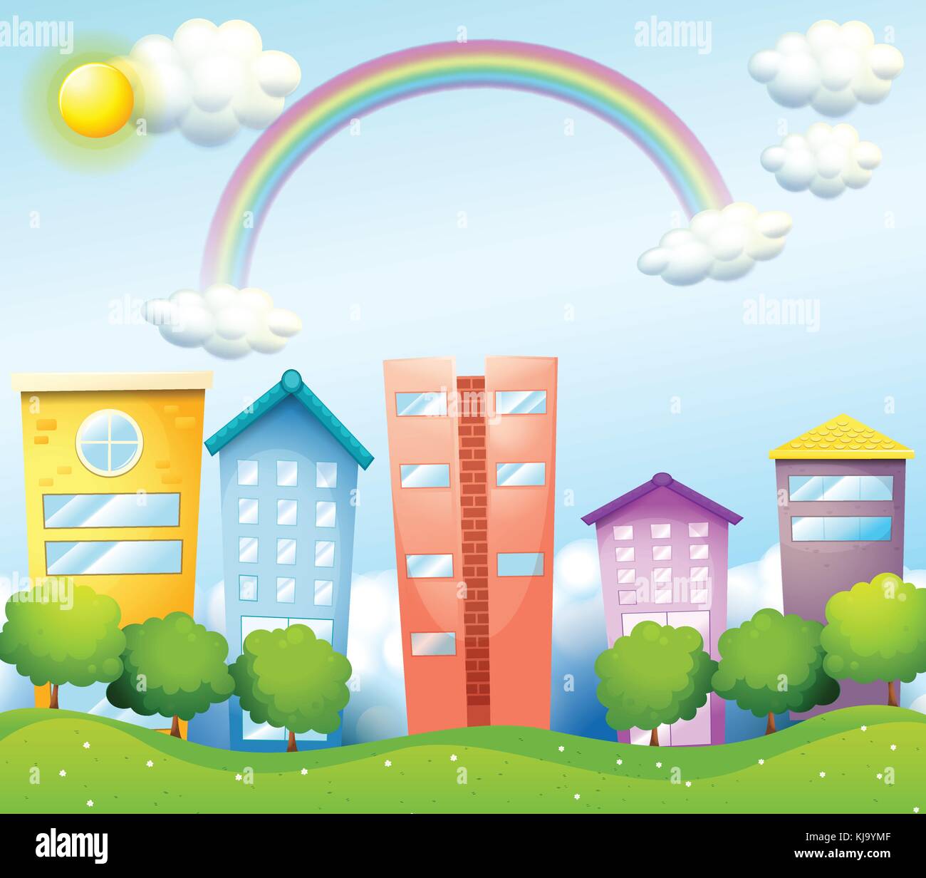 Illustration of a rainbow above the tall buildings Stock Vector Image ...