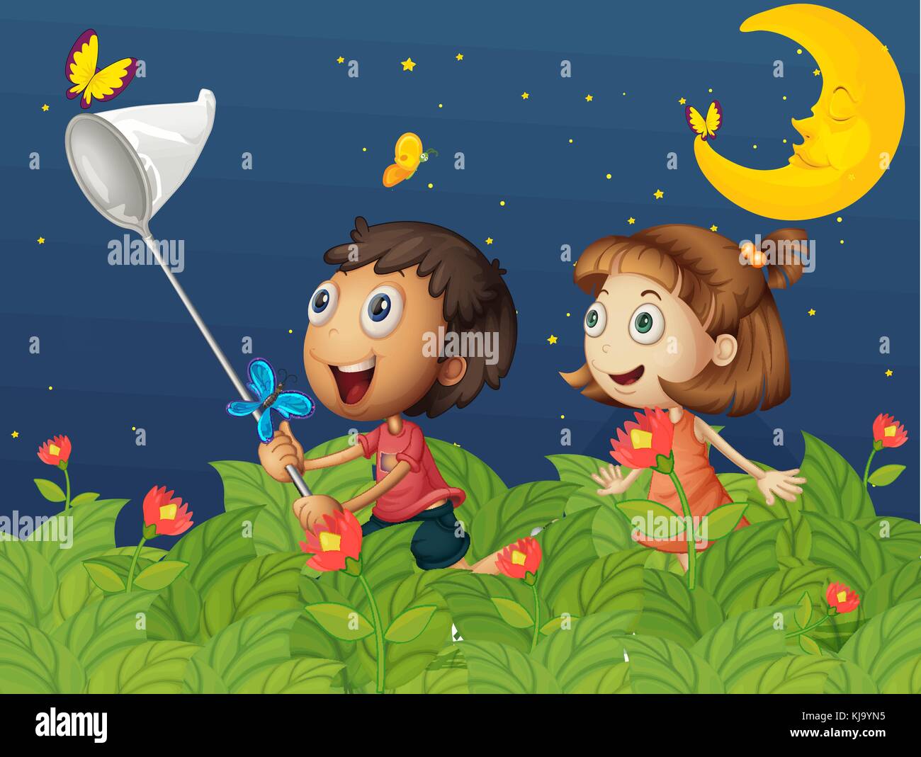 Illustration of the kids catching butterflies under the bright moon ...