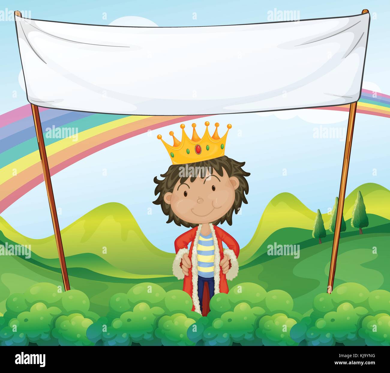 Illustration of a king standing below a white empty signage Stock ...