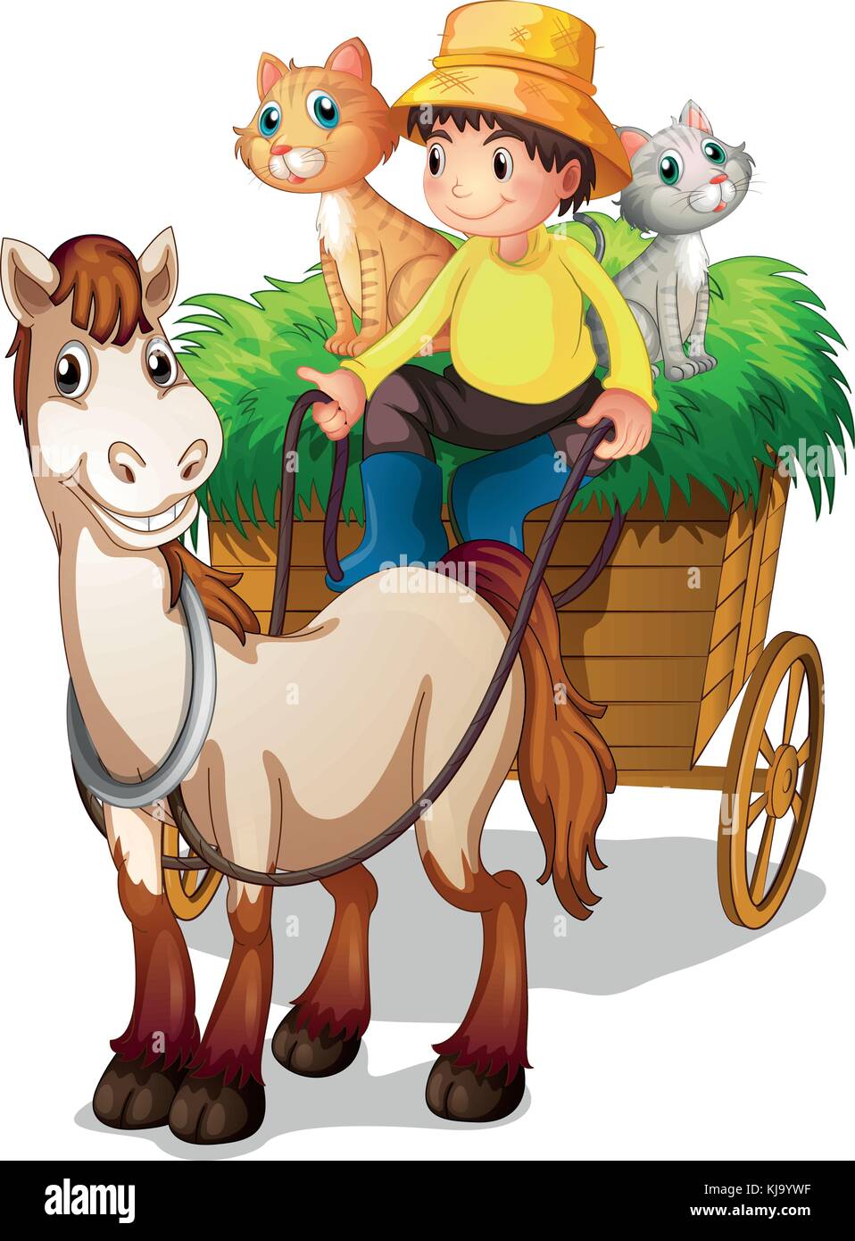 Illustration of a farmer riding in a strawcart with his farm animals on ...