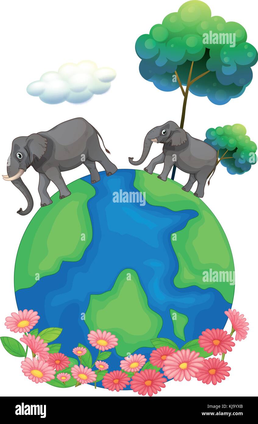 Illustration of the two elephants walking at the earth's surface on a ...