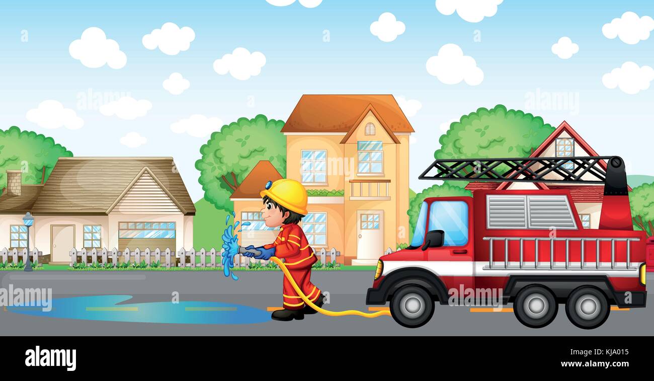 Illustration of a fireman holding a hose with a fire truck at the back Stock Vector Image & Art ...