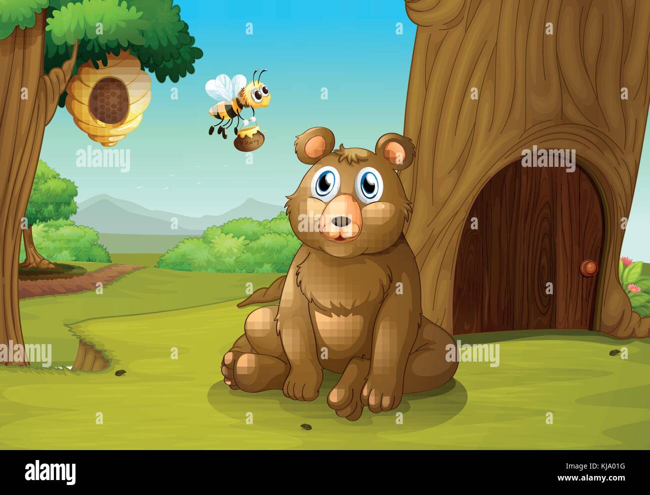 Illustration of a bear and a bee near a treehouse Stock Vector Image ...