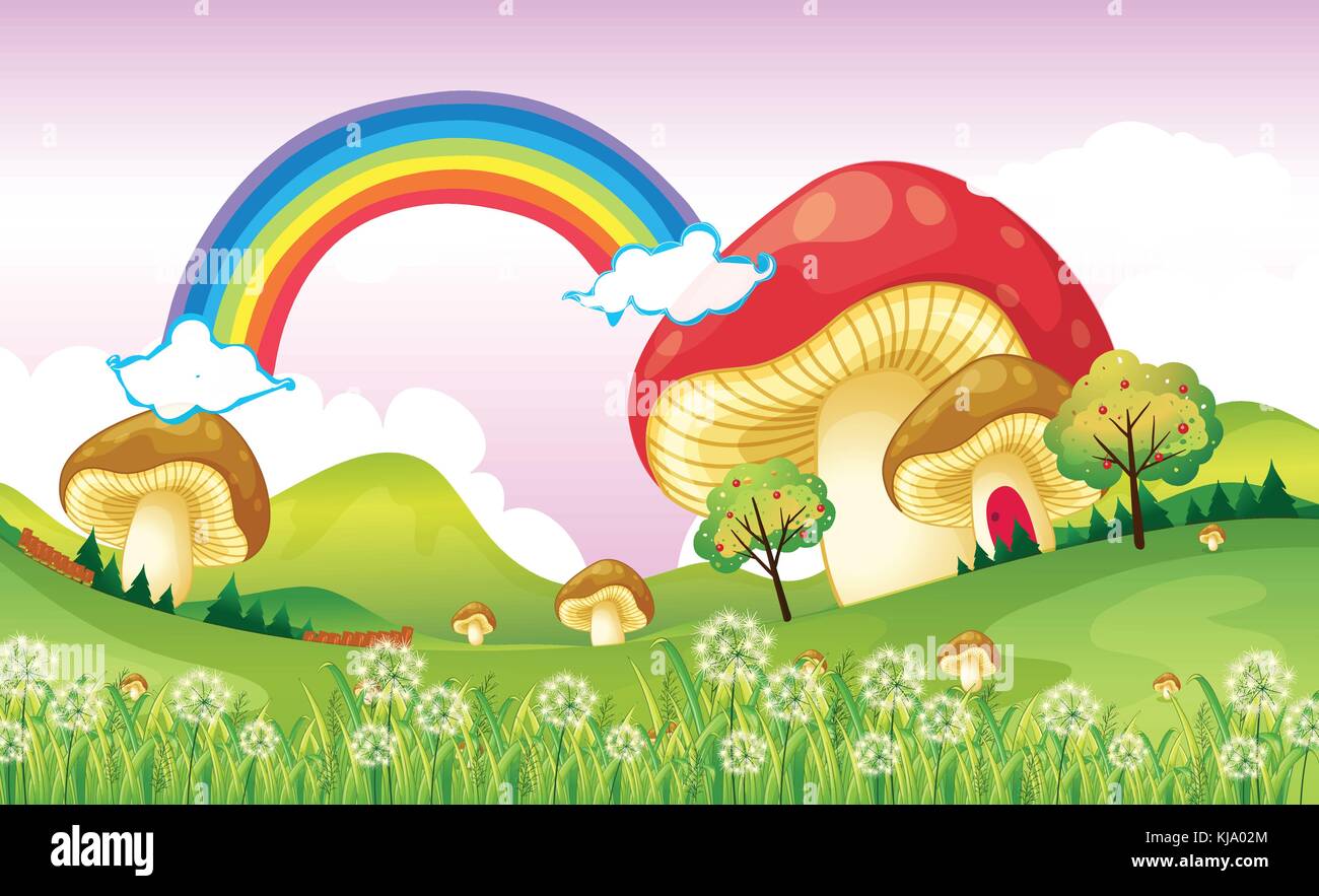 Illustration of mushrooms near the rainbow Stock Vector Image & Art - Alamy