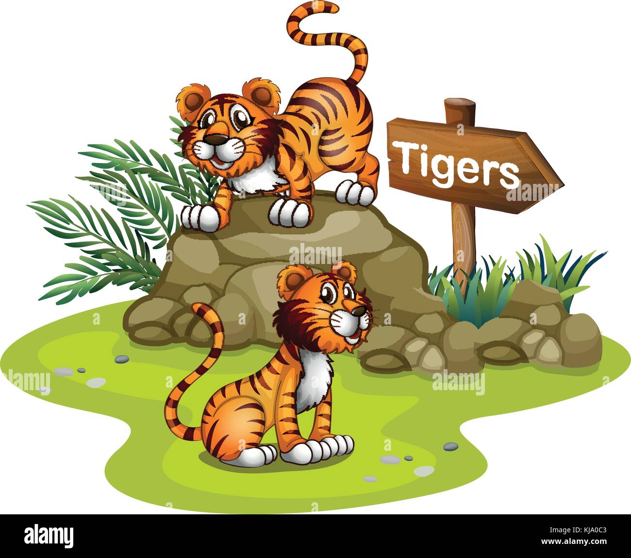 Illustration of the two tigers with a wooden arrow board on a white ...