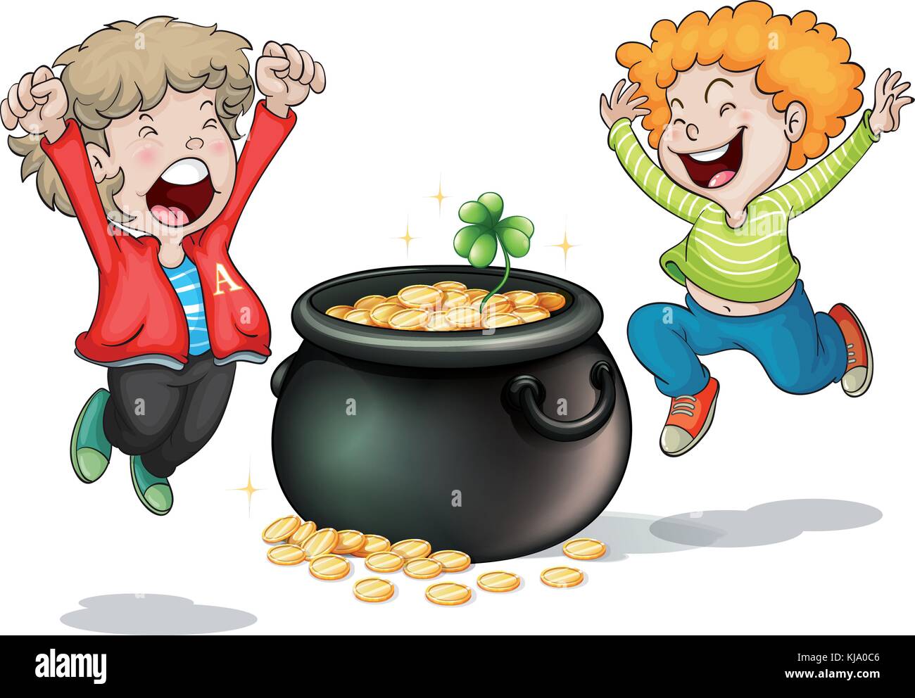 Illustration of the happy faces of two kids with a pot of money on a ...