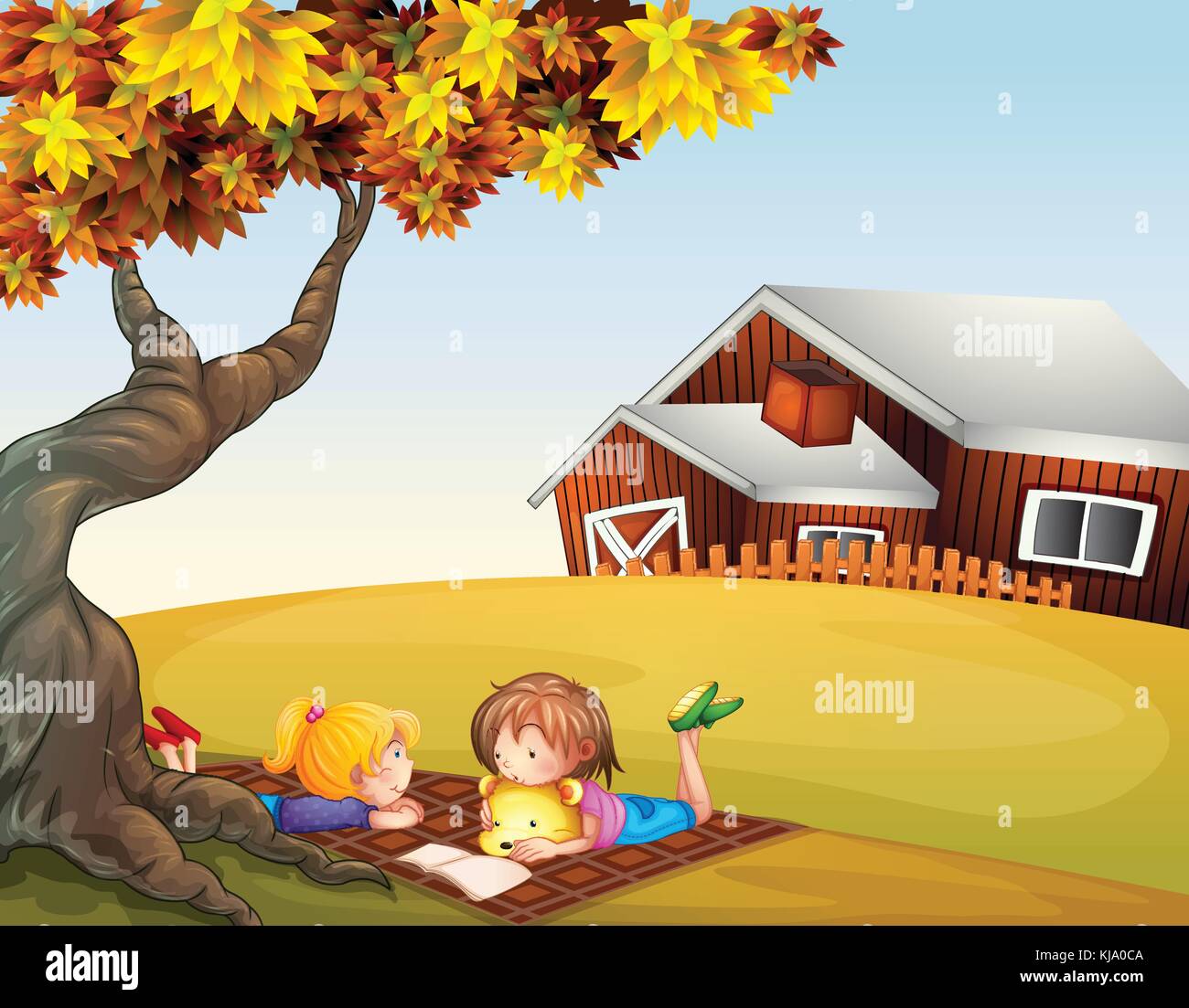 Children reading books under tree Stock Vector Images - Alamy