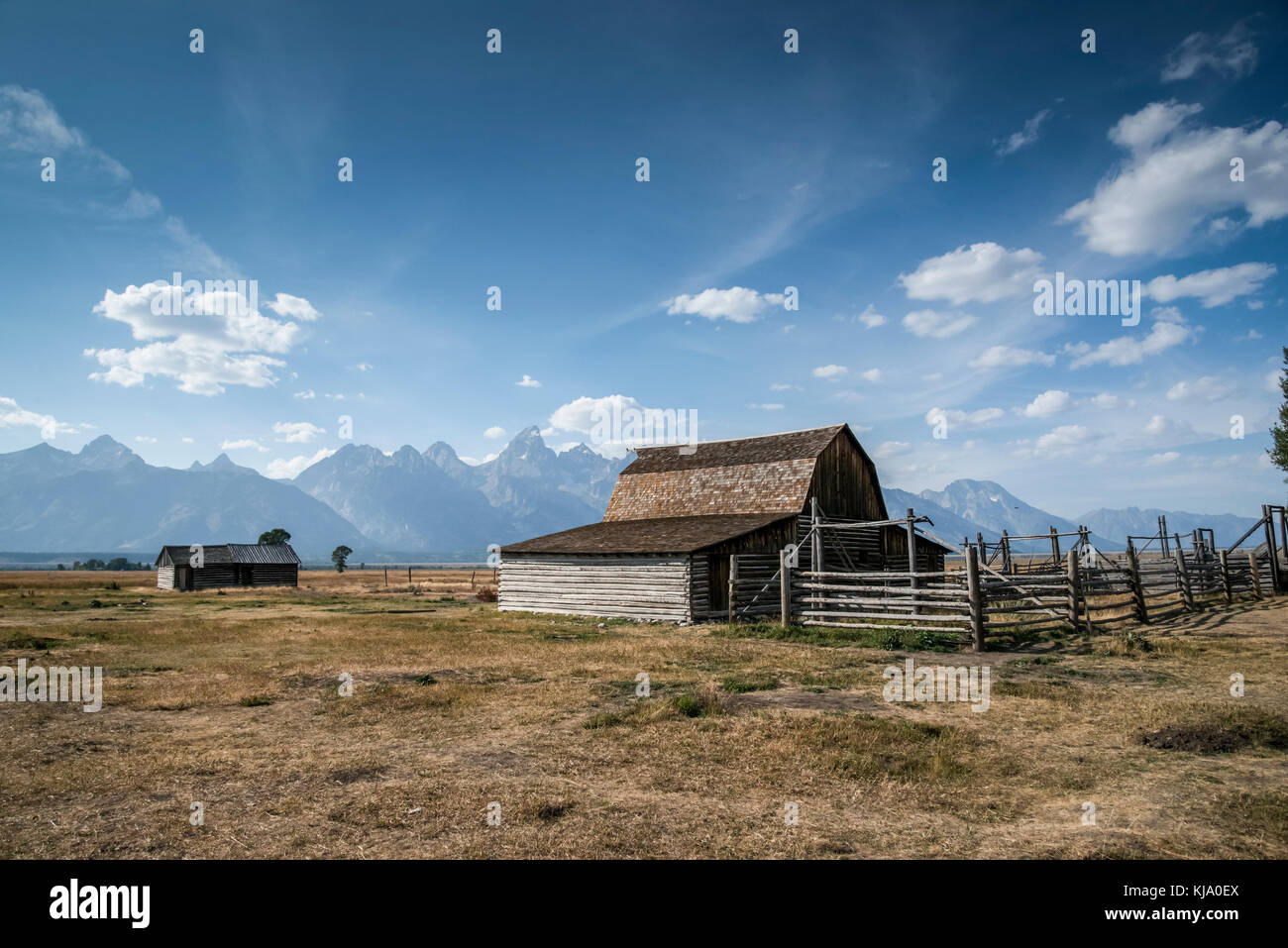 Abandoned buildings at Mormon Row on Antelope Flats overlooking Grand ...
