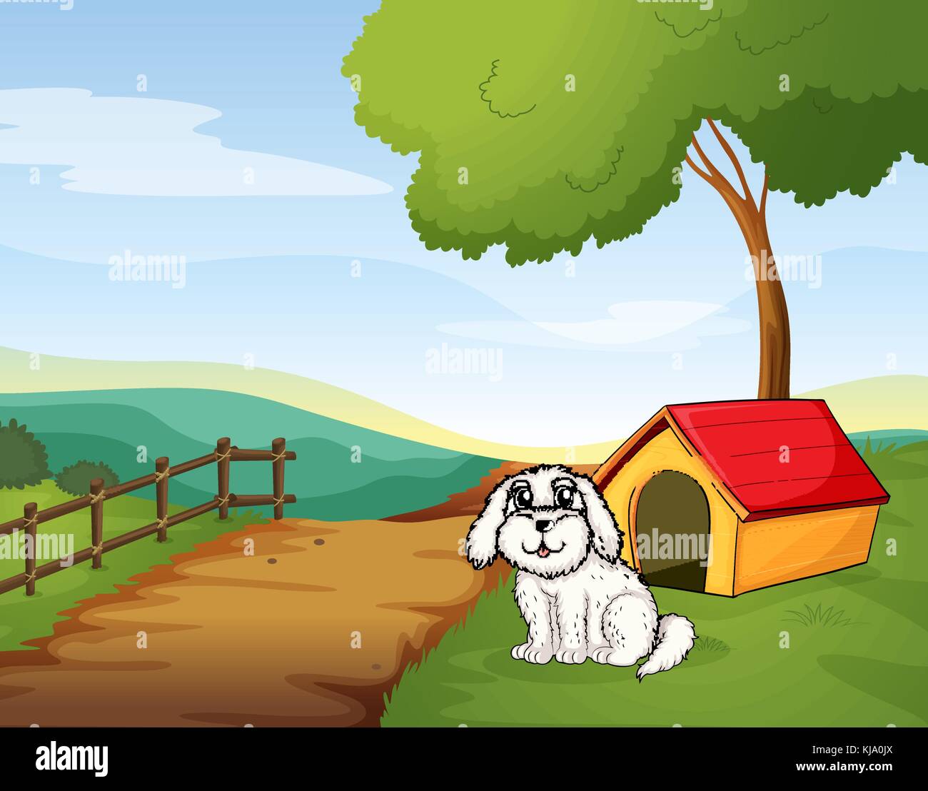 Illustration of a white dog sitting in front of a dog house Stock ...