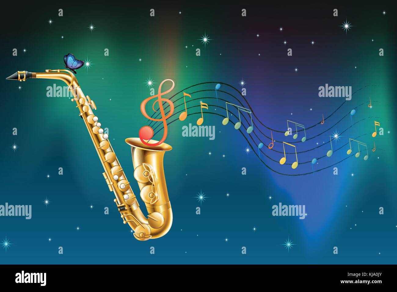 Illustration of a saxophone with a butterfly and musical notes Stock ...