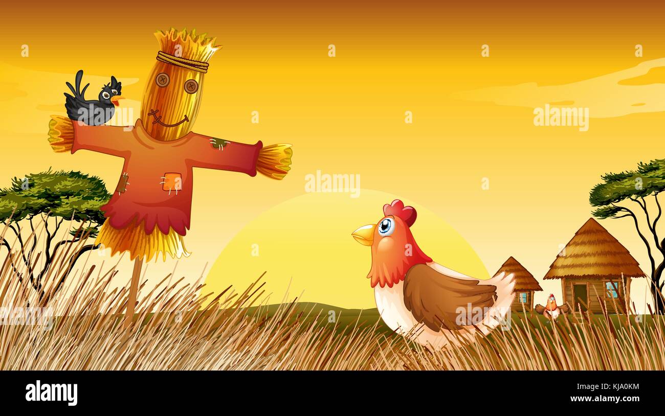 Illustration of a chicken with a scarecrow and a black bird at the ...