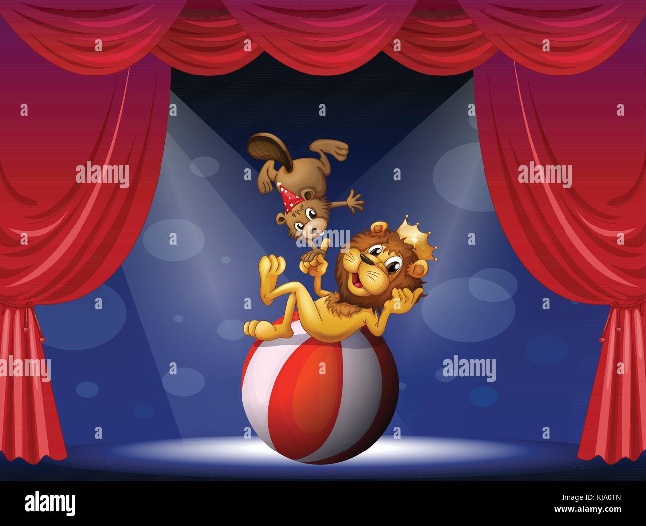 Illustration of a lion and a beaver performing at the stage Stock ...
