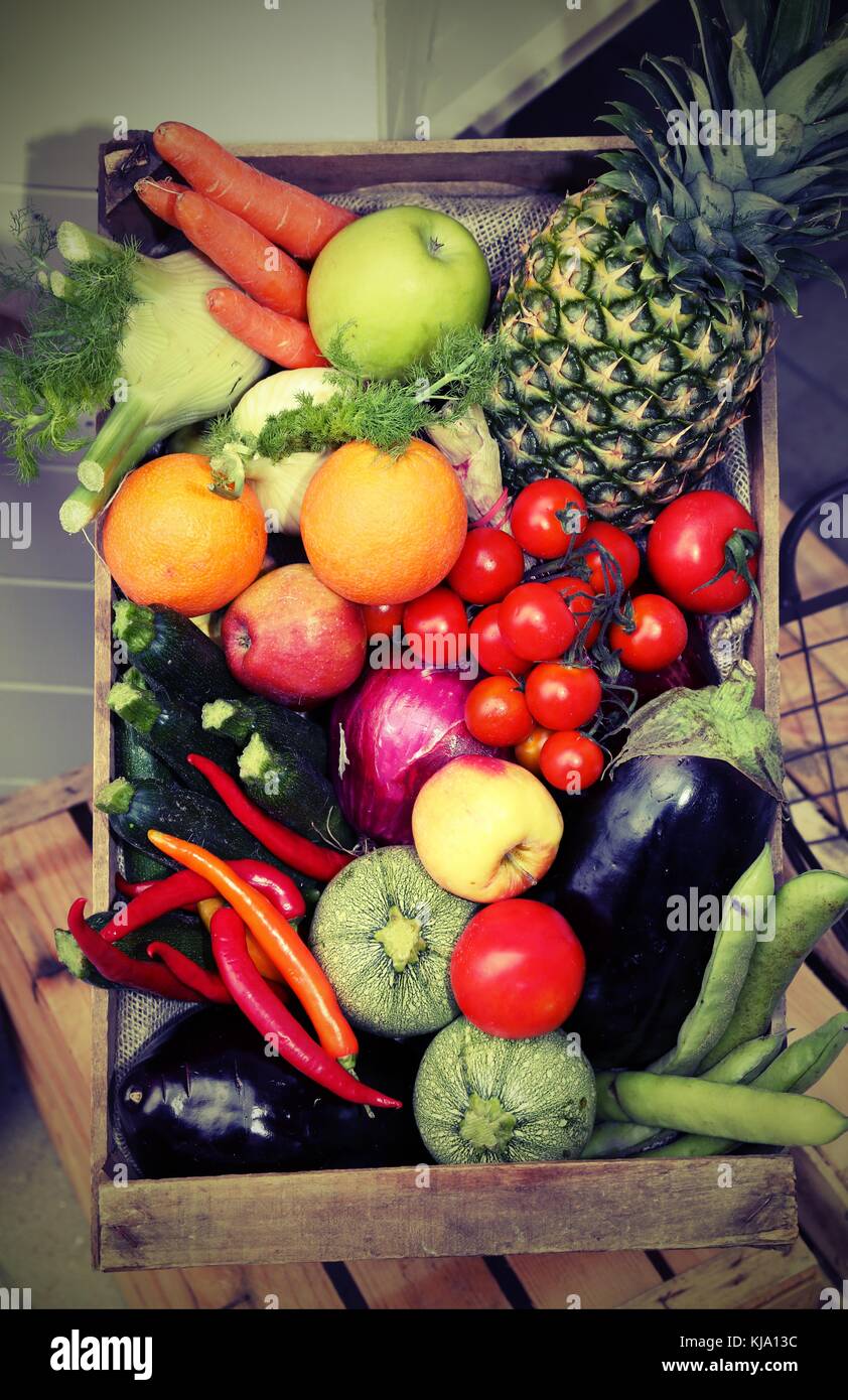 box with fresh fruits and vegetables with vintage effect Stock Photo ...