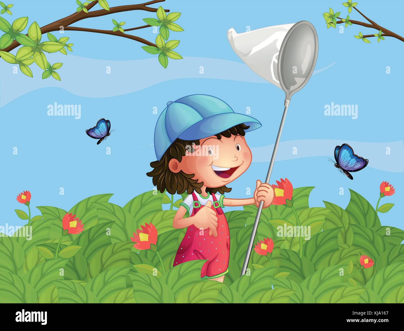 Illustration of a girl with a cap catching butterflies in the garden ...