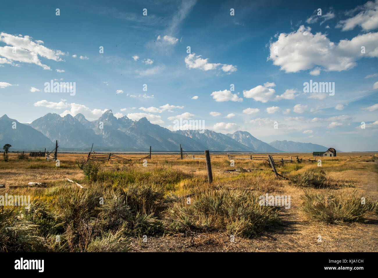 Abandoned buildings at Mormon Row on Antelope Flats overlooking Grand ...