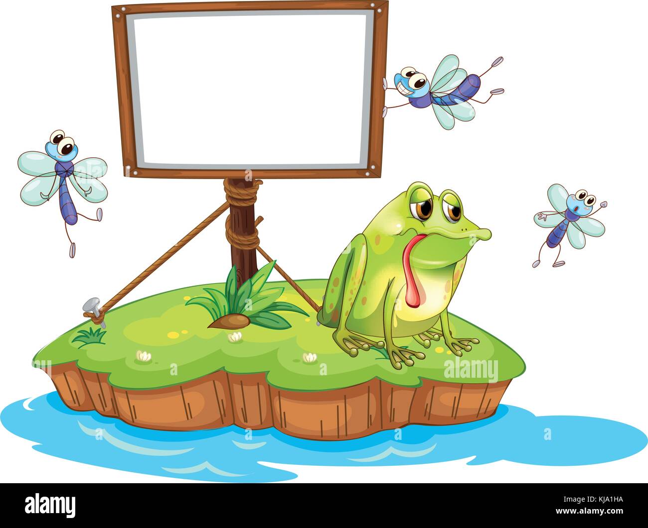 Illustration of a sad frog and a white blank board on a white ...
