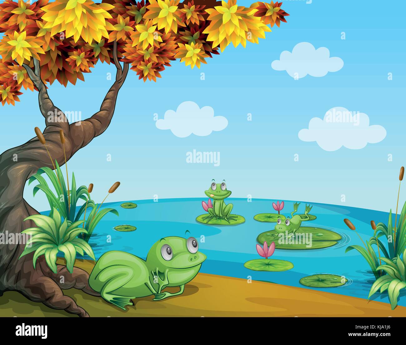 Illustration of three green frogs at the pond Stock Vector Image & Art ...