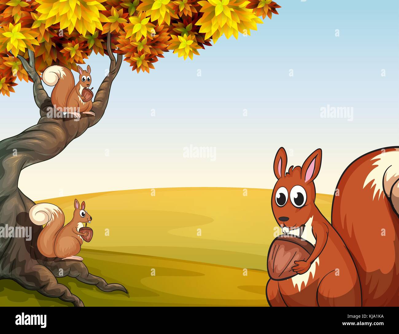 Illustration of the three squirrels with nuts at the big tree Stock ...