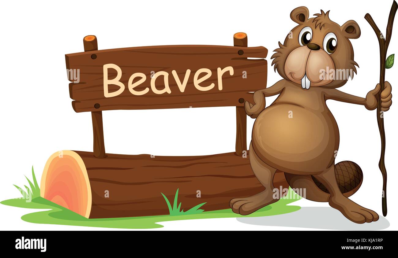 Illustration of a signboard and a beaver with a stick on a white ...