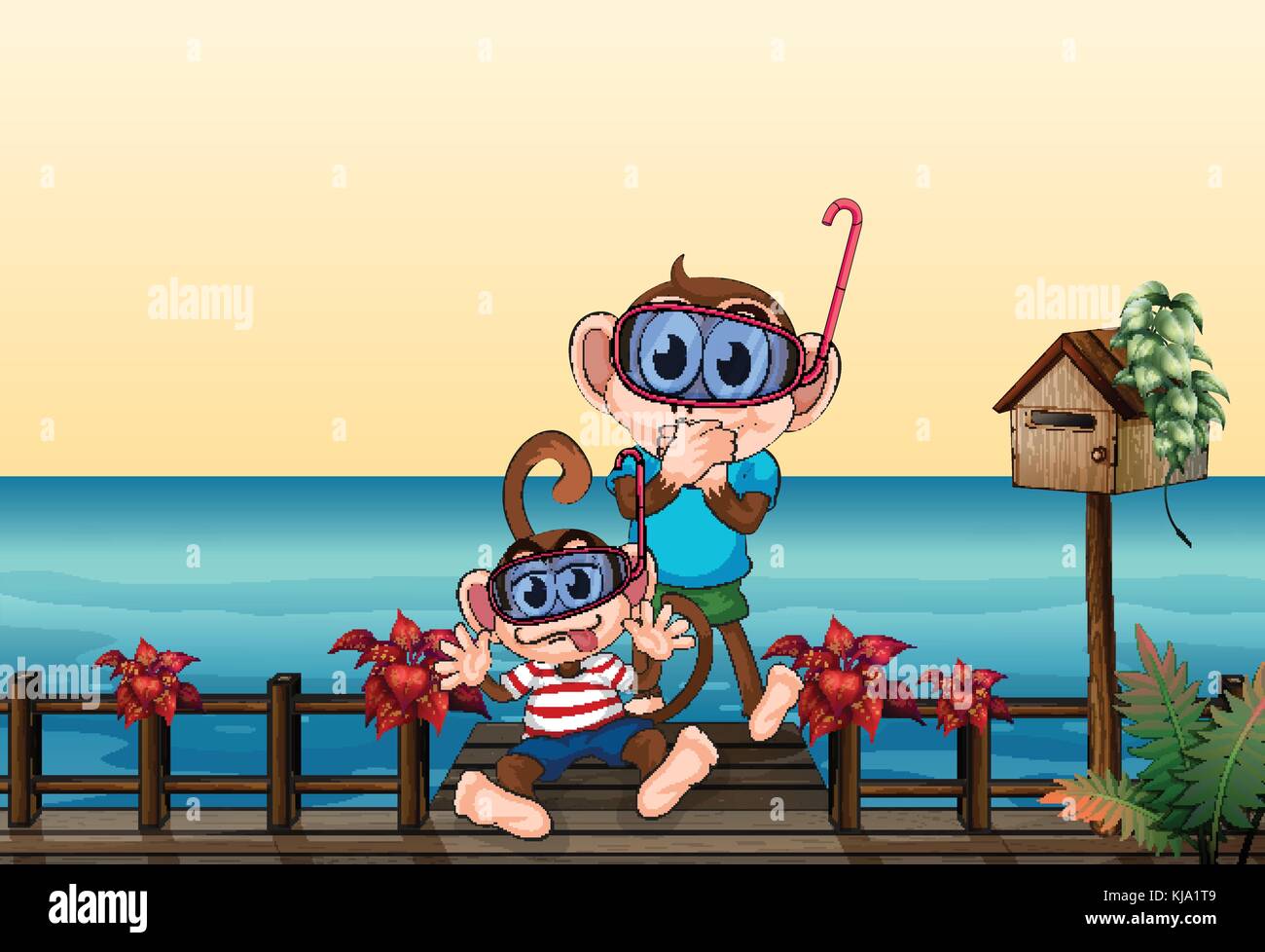 Illustration of the small and big monkey at the bridge Stock Vector ...