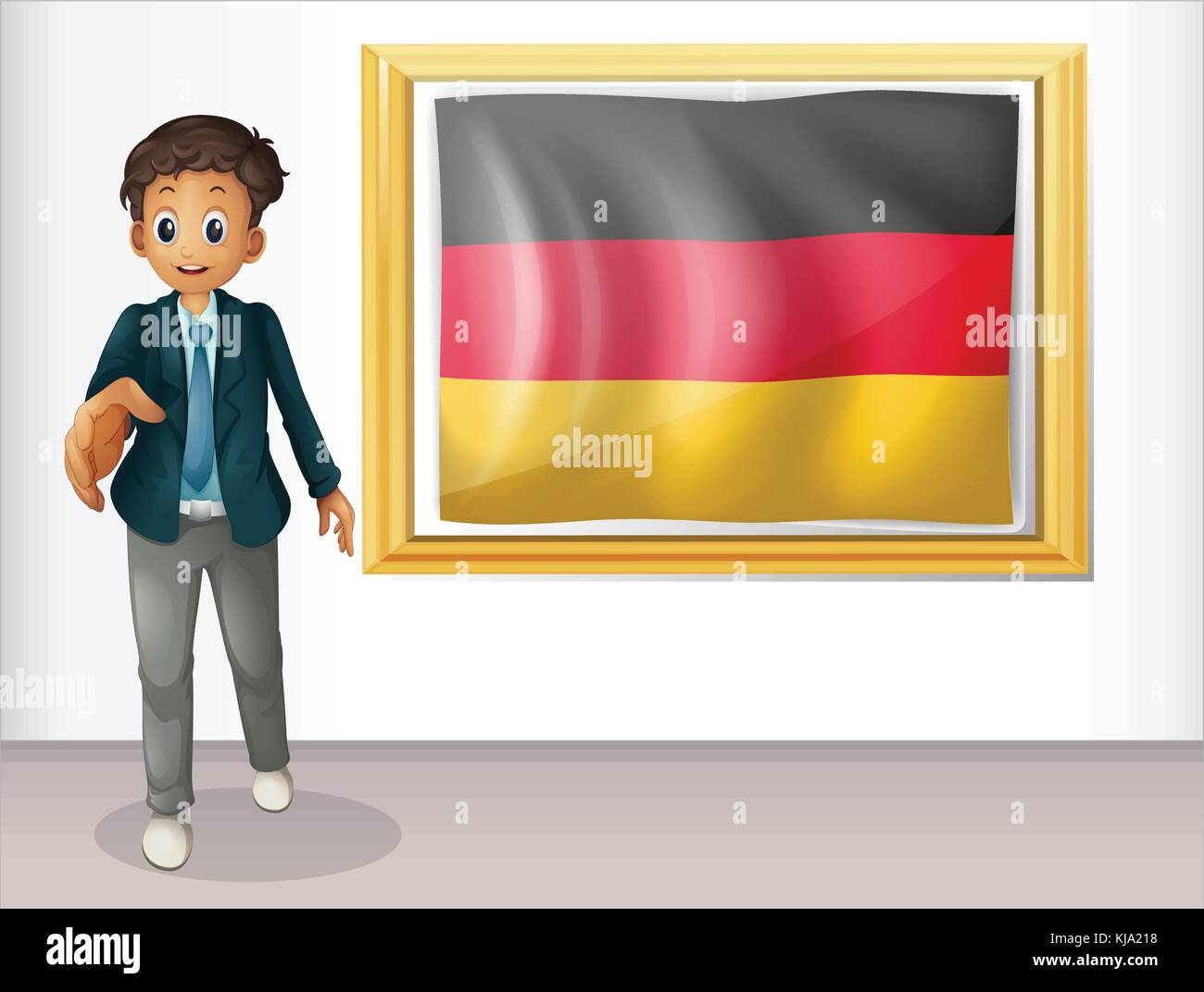Illustration of a boy beside the framed flag of Germany on a white ...