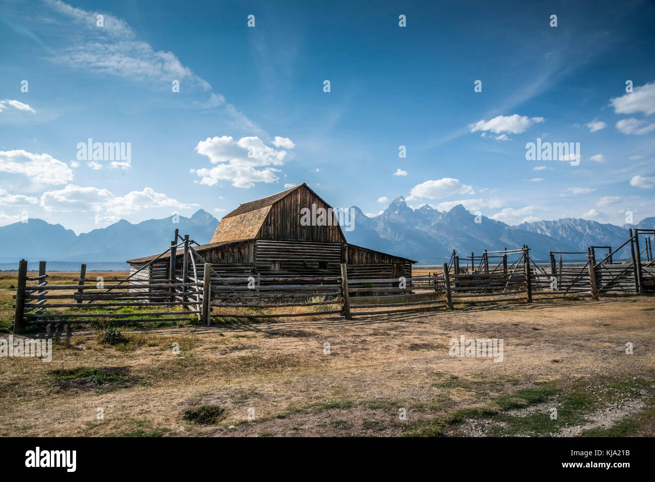 Abandoned farm buildings at Mormon Row on Antelope Flats overlooking ...