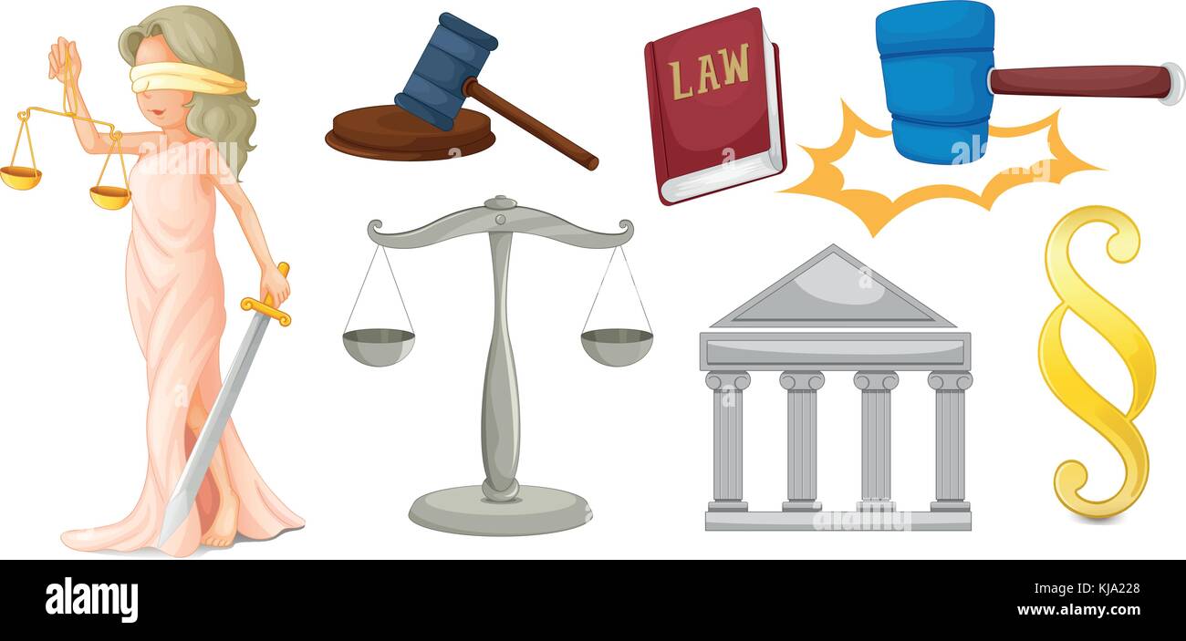 Illustration of a lady with the symbols for justice on a white ...